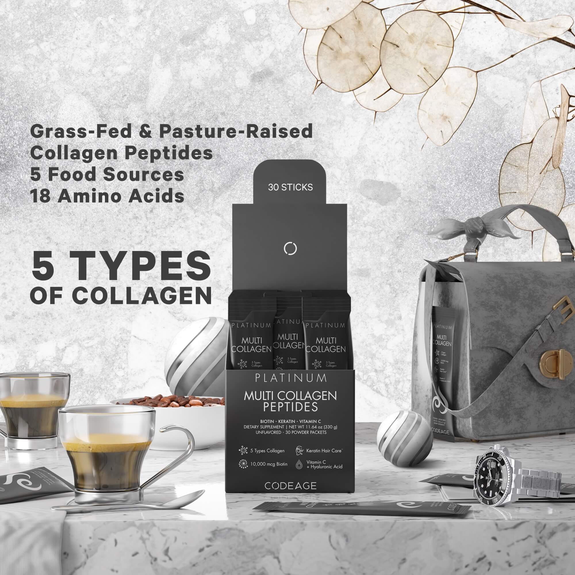 Codeage Multi Collagen Biotin 10,000mcg, Keratin, Vitamins Stick Packs