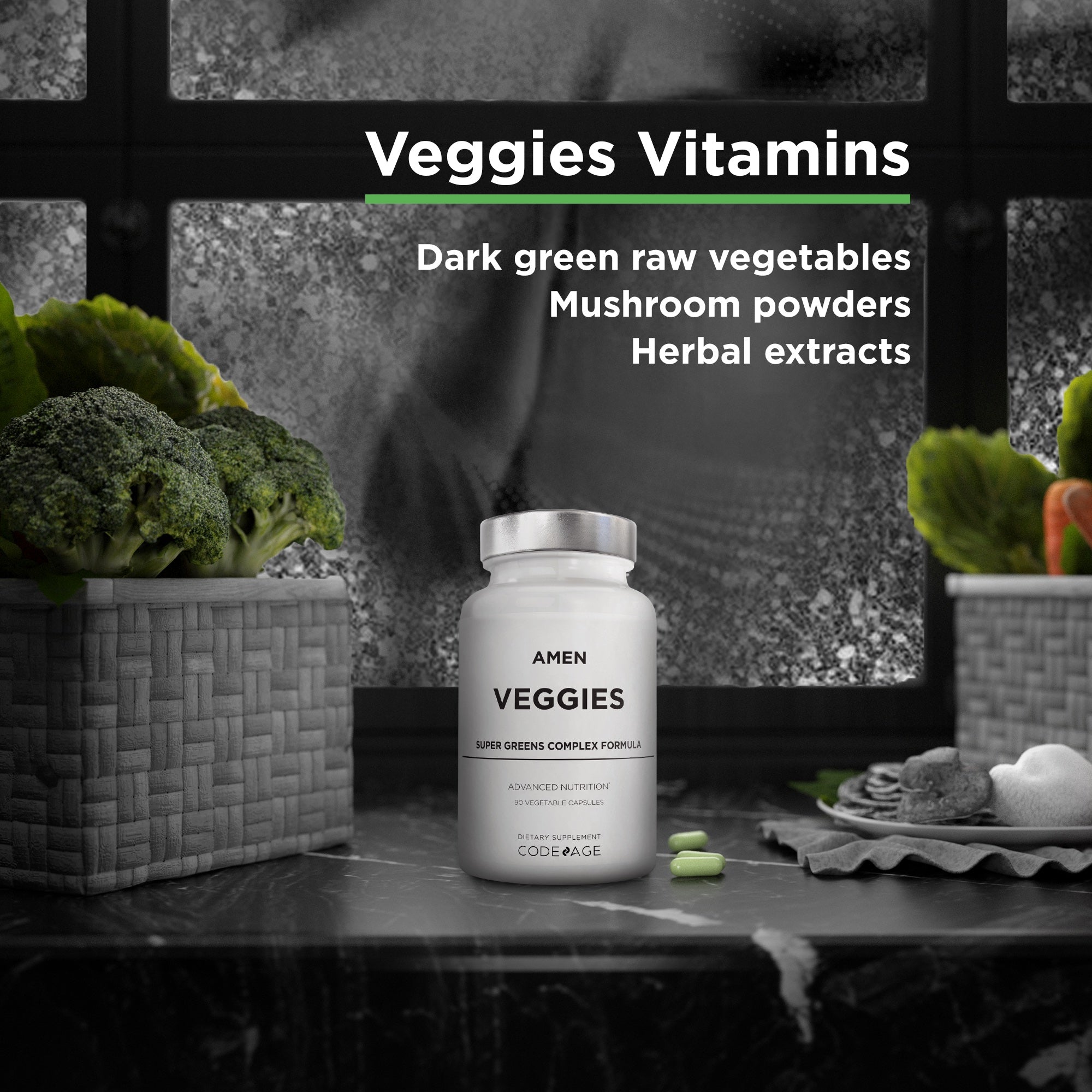 Amen Veggies, Vegan Greens Vitamins Capsules, Mushroom, Raw Whole Food ...